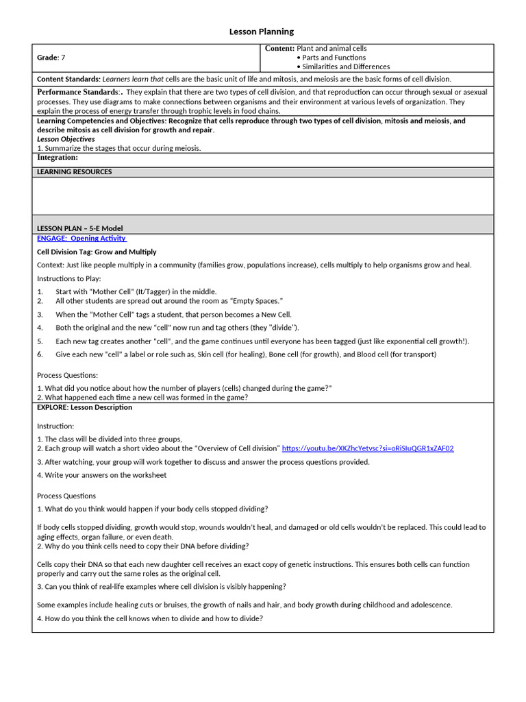 7th Grade Cell Division Lesson Plan | PDF | Cell (Biology) | Reproduction