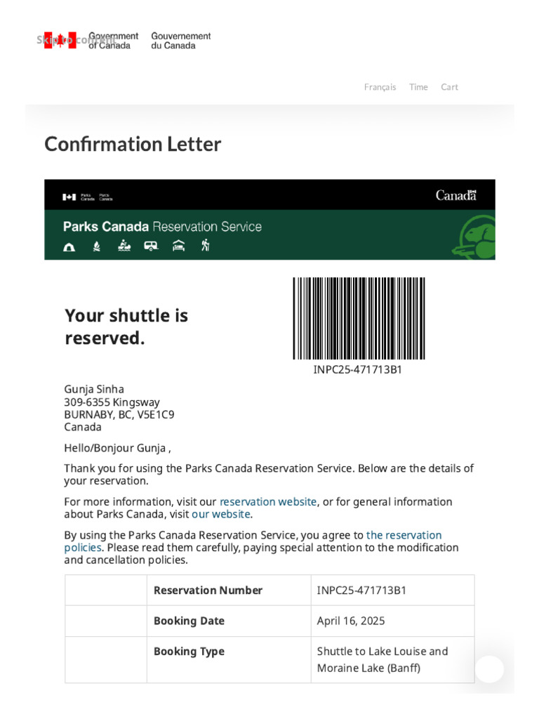Shuttle Reservation Confirmation Letter | PDF