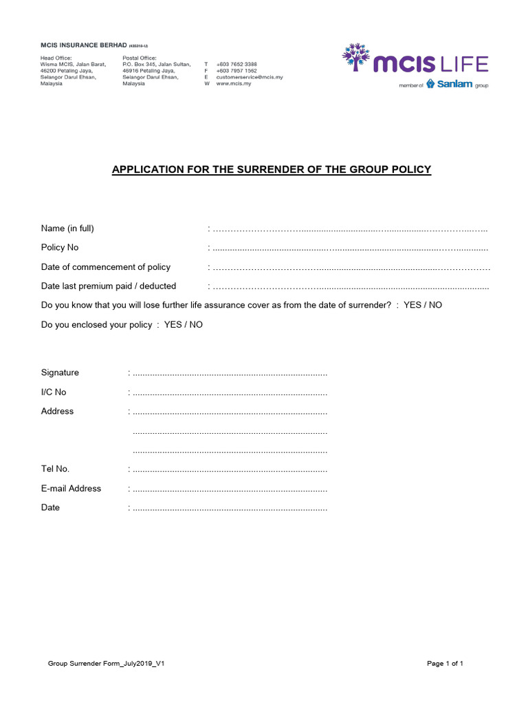 Group Policy Surrender Application Form | PDF