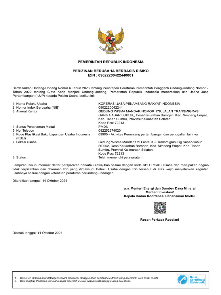 Izin Usaha Jasa Pertambangan 2024 | PDF