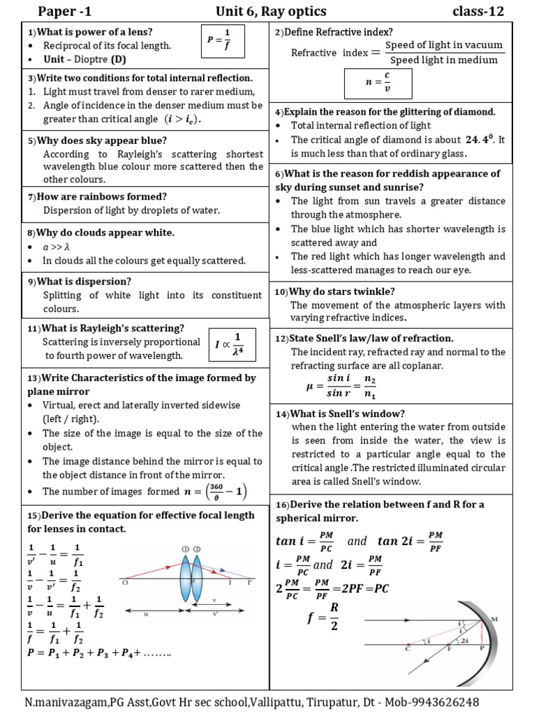 Paper - 1, Unit 6, Ray Optics (+2) | PDF | Refraction | Refractive Index