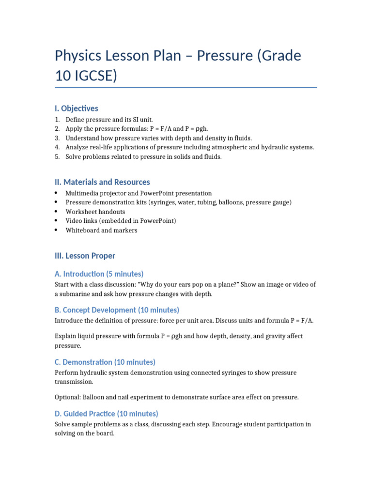 Grade10 Pressure Lesson Plan | PDF