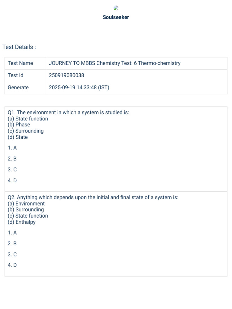Thermochemistry MBBS Test Questions | PDF | Enthalpy | Chemical Reactions