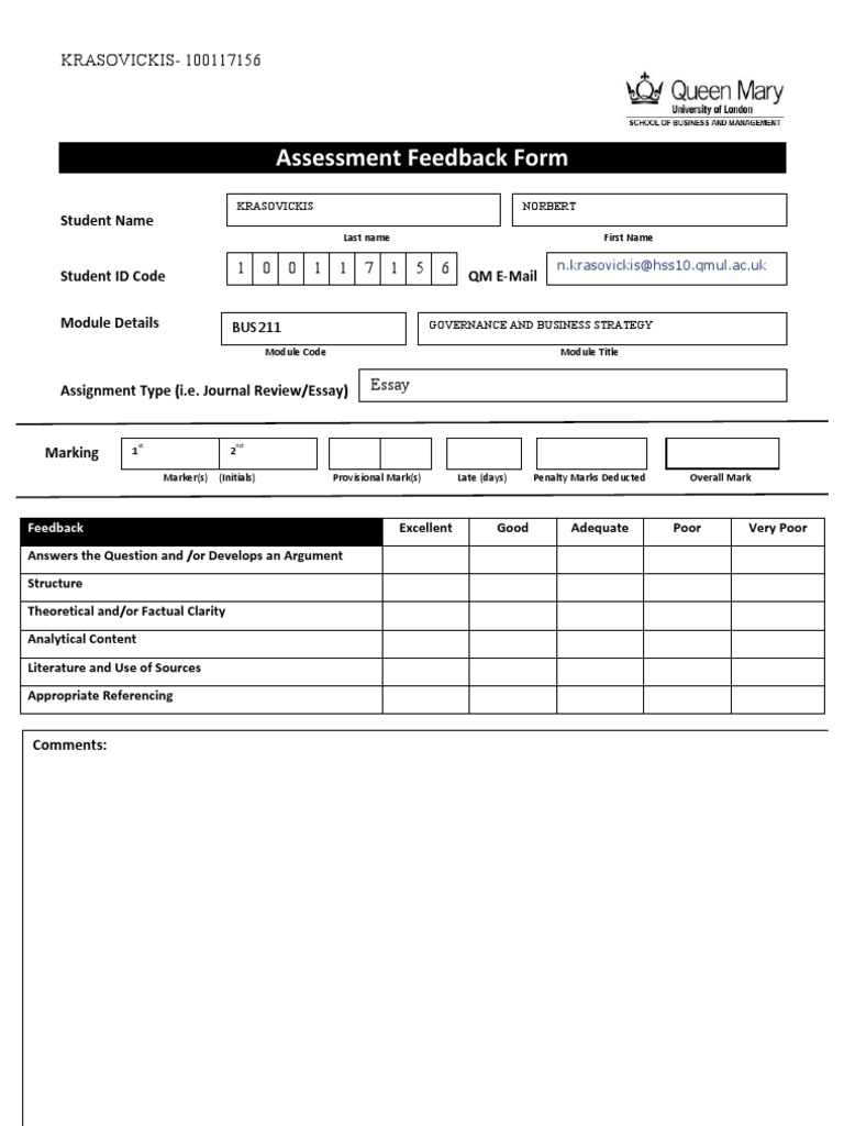 Assessment Feedback Form: KRASOVICKIS-100117156 | PDF | Governance ...