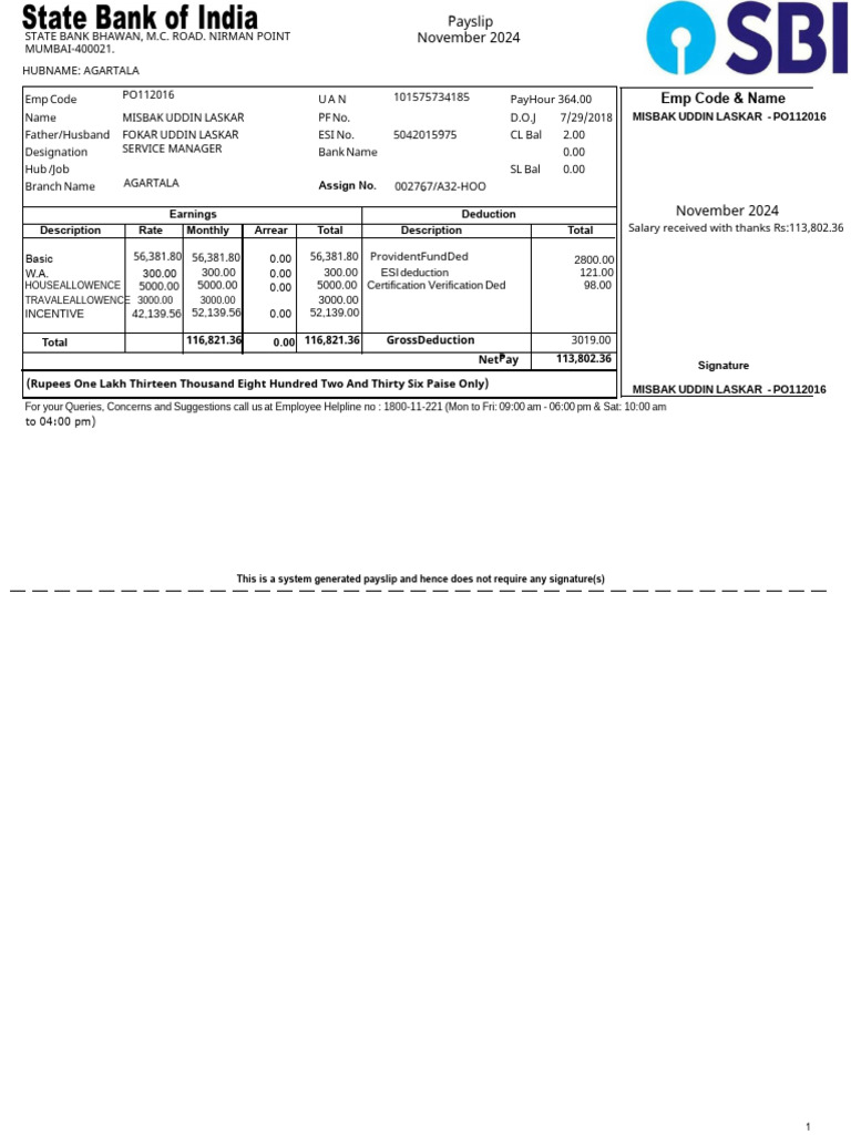 Payment Slip SBI November | PDF | Payments | Employment Compensation
