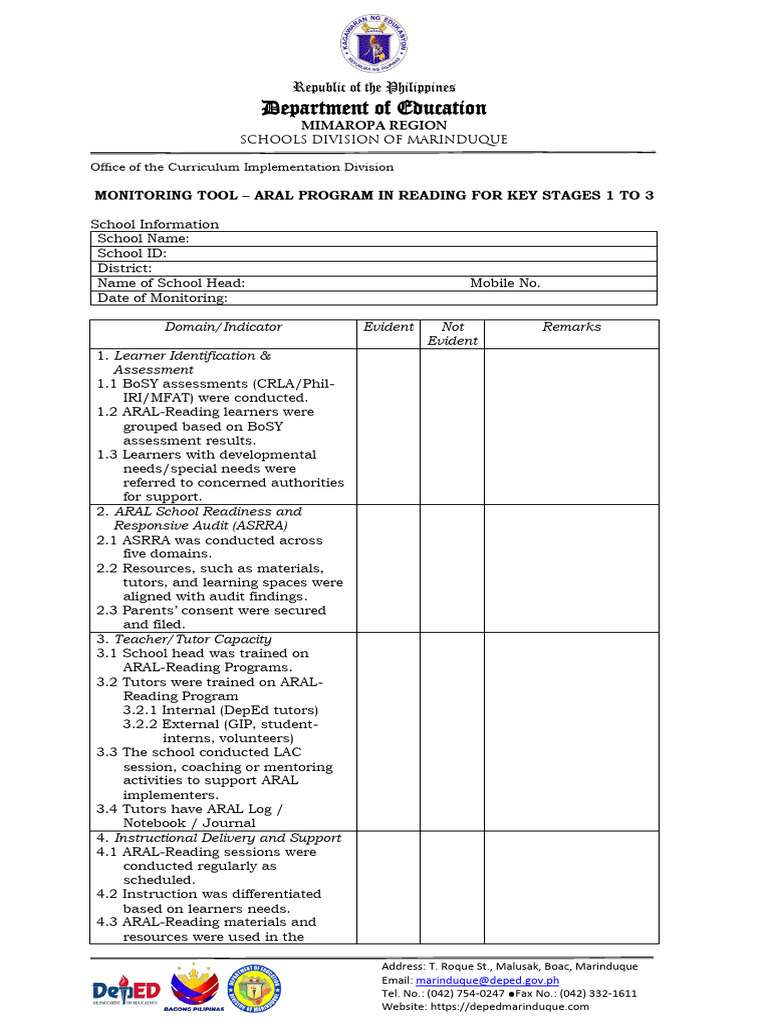 ARAL Reading Program Monitoring Tool | PDF | Behavior Modification ...