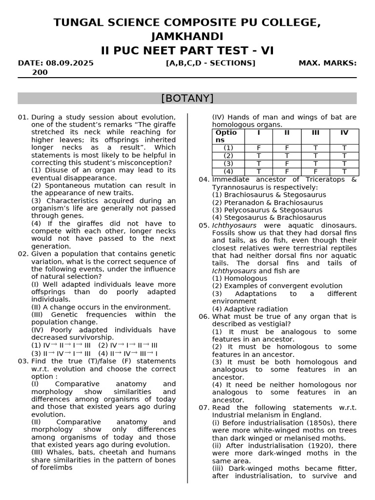 NEET II PUC Botany Test - Evolution Concepts | PDF | Homo | Evolution