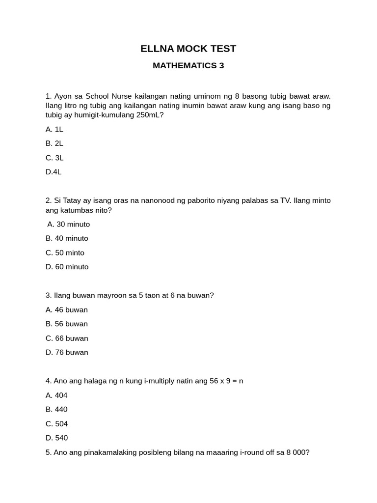 Ellna Mock Test Math | PDF