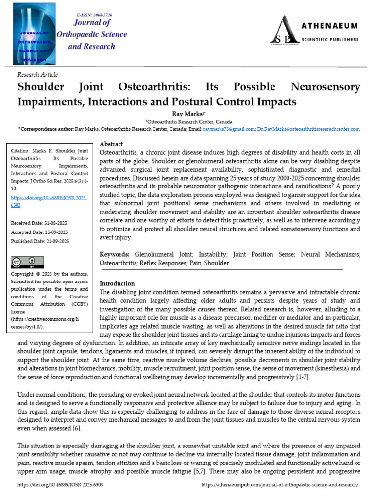 Shoulder Joint Osteoarthritis Its Possible Neurosensory Impairments ...