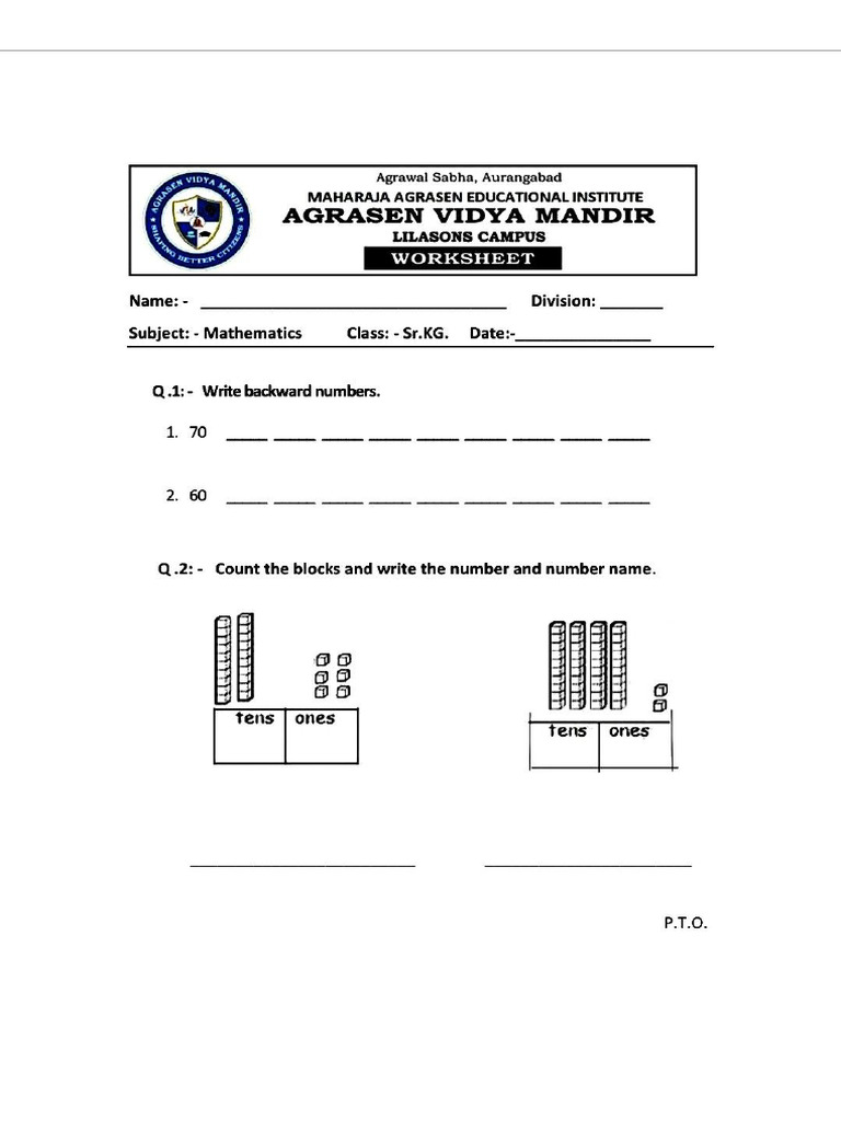 Sr. KG - Mathematics - Worksheet - 2025-26 | PDF