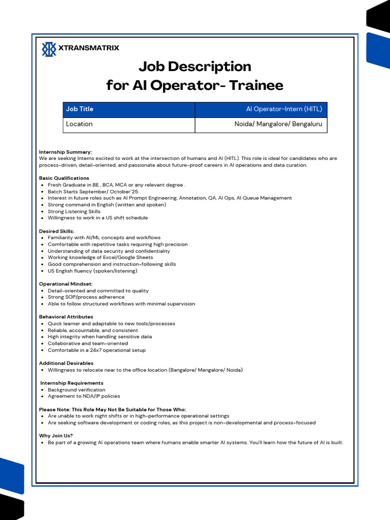 AI Operator Internship at Xtransmatrix | PDF