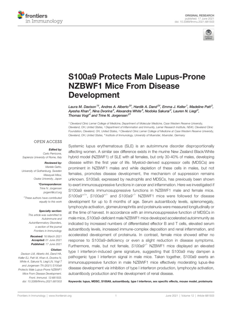 S100a9 Protects Male Lupus-Prone NZBWF1 Mice From Disease Development ...