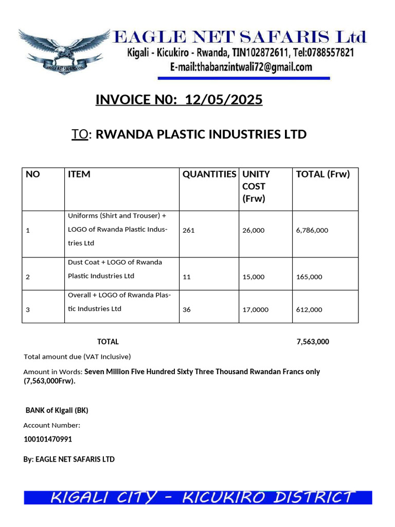 Invoice for Rwanda Plastic Industries | PDF