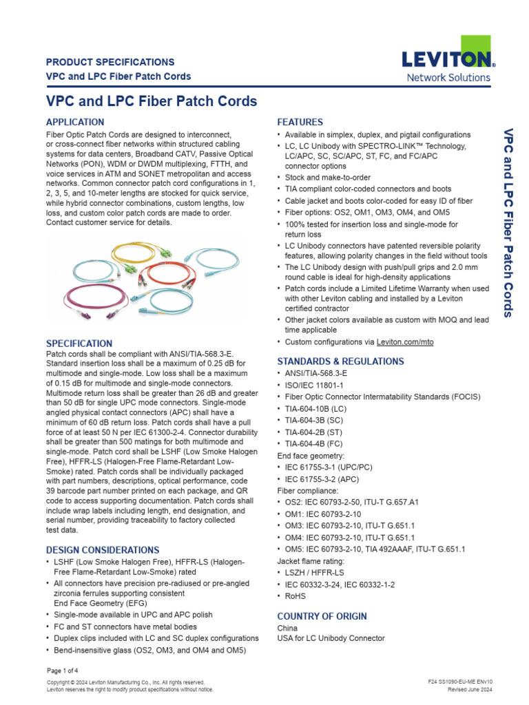 VPC and LPC Fiber Patch Cords Overview | PDF | Information And ...