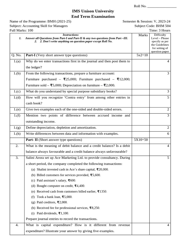Question Paper Format BHM (IMS) | PDF | Debits And Credits | Business ...