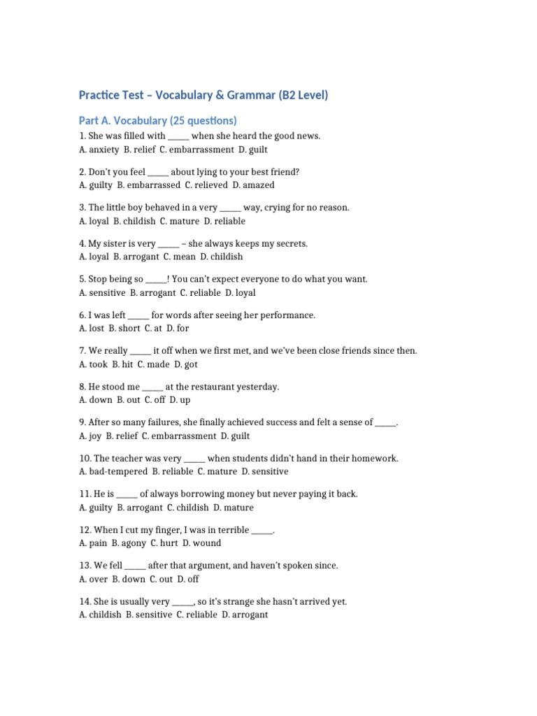 B2 Practice Test Questions | PDF