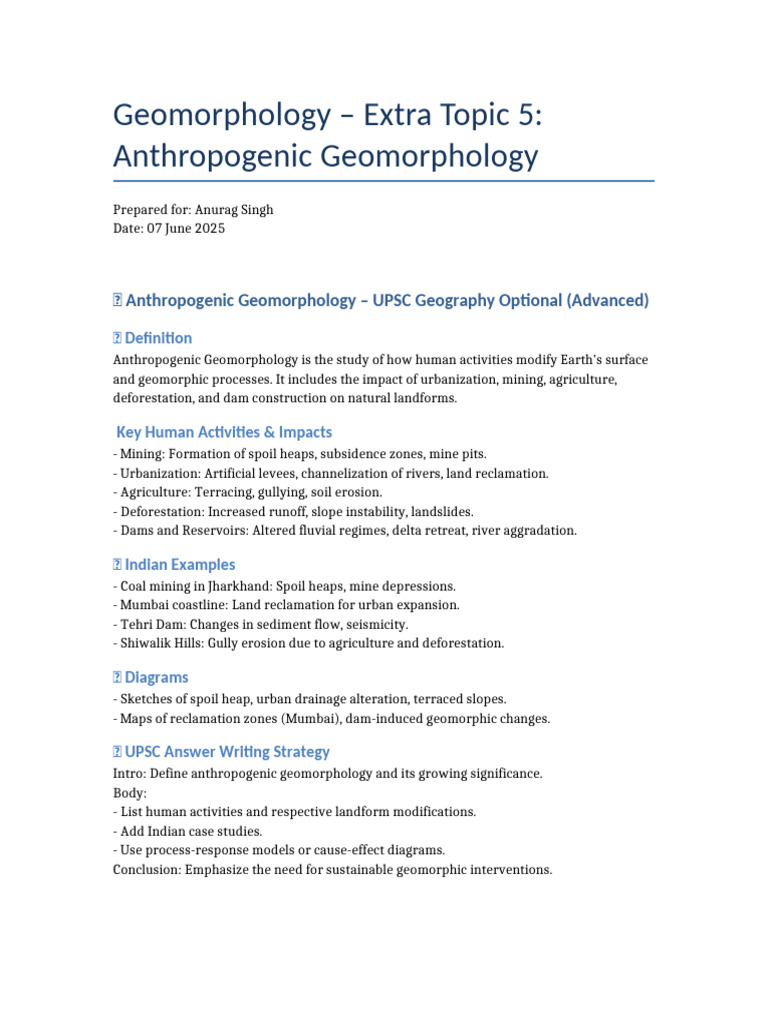 Anthropogenic Geomorphology Advanced UPSC | PDF