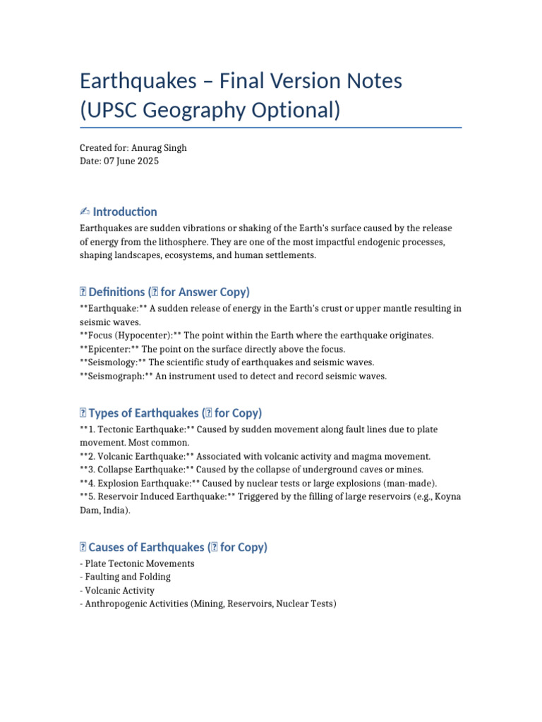 Earthquake FinalVersion UPSC Notes | PDF | Earthquakes | Seismology
