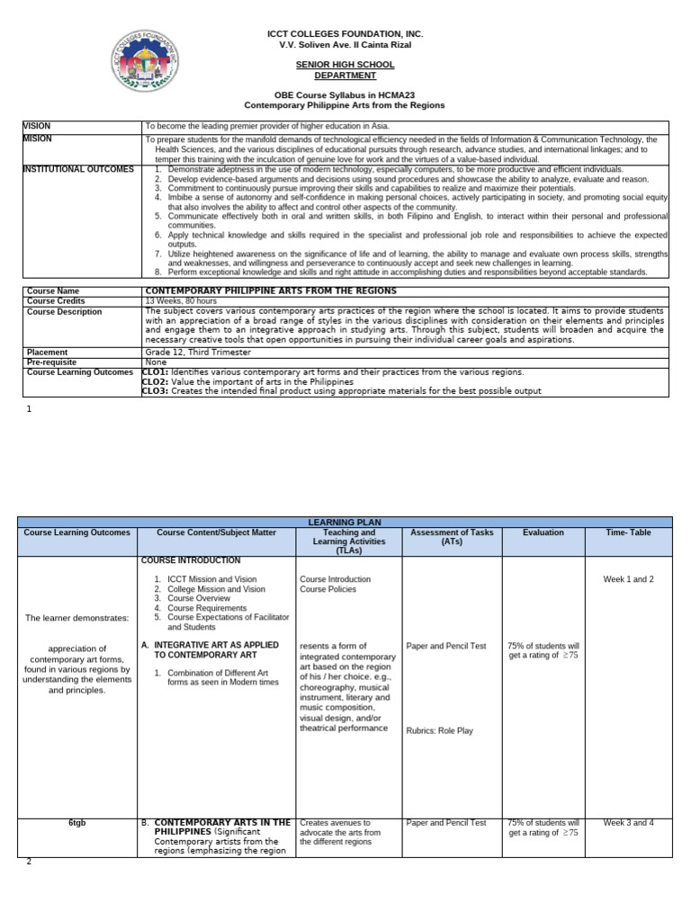 Contemporary Philippine Arts Syllabus | PDF | Graphics | Learning