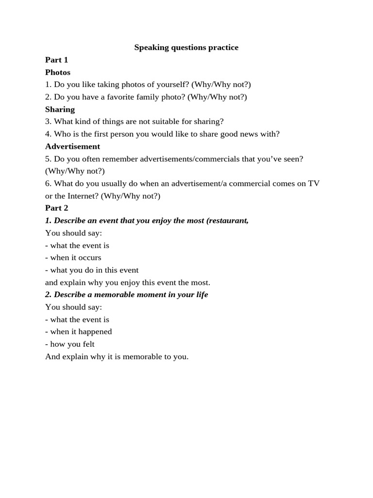 Speaking Questions Practice For Part 1 and 2 | PDF