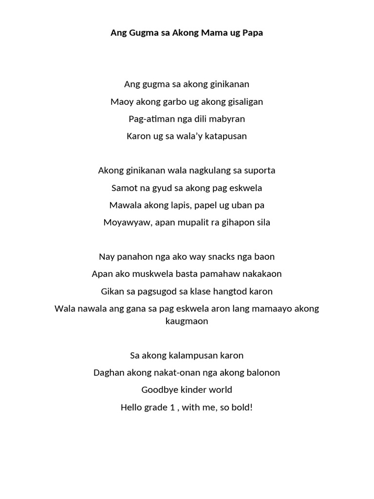 Tula For Kinder Ang Gugma Sa Akong Mama Ug Papa | PDF
