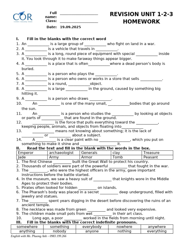 Revision Homework for English Class | PDF