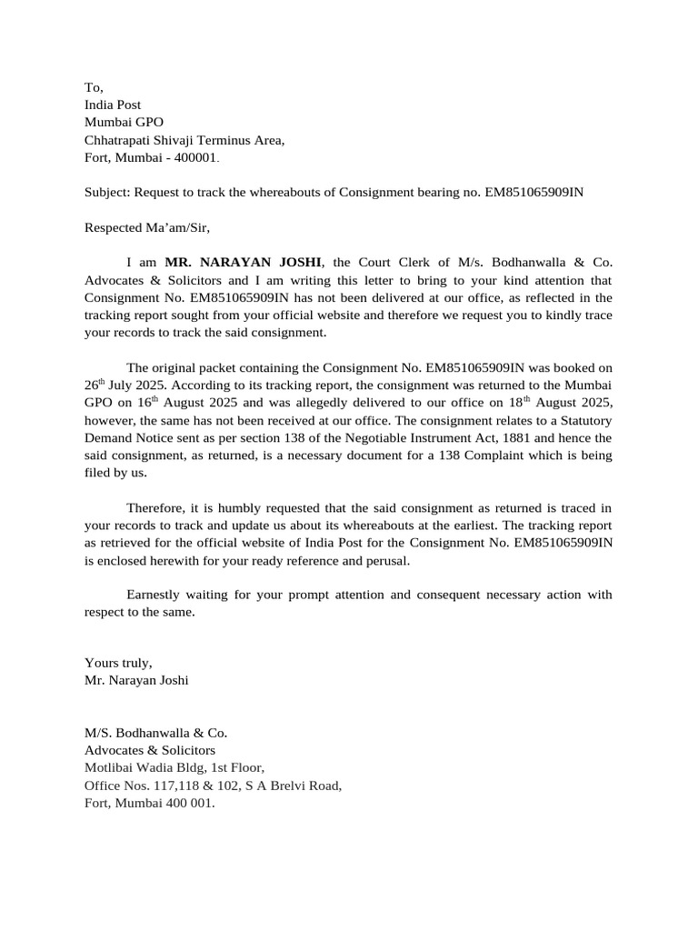 Letter To India Post - 138 Complaint | PDF