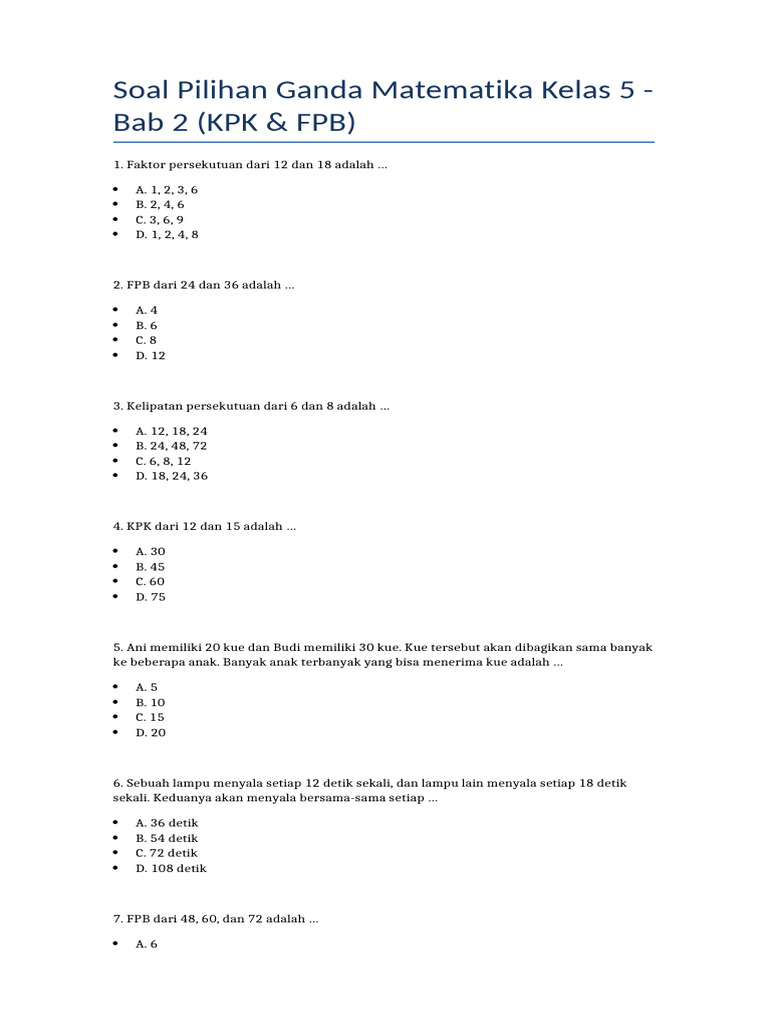 Soal KPK dan FPB Kelas 5 Matematika | PDF