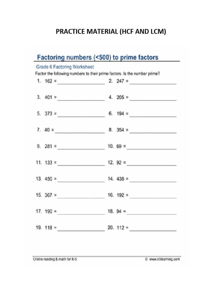 Unit I - Prime Factors, HCF and LCM (Practice) | PDF