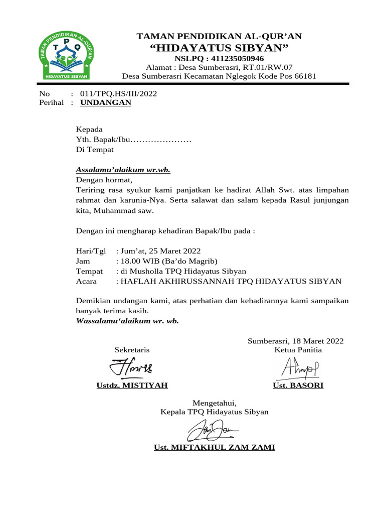 Undangan Haflah Akhirussanah TPQ | PDF