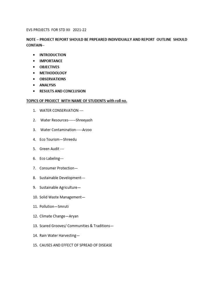 EVS Projects for Class 12: 2021-22 | PDF