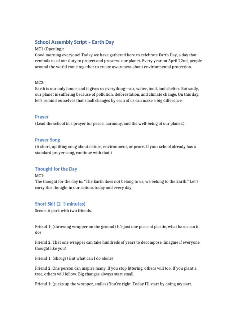Earth Day Assembly Script | PDF