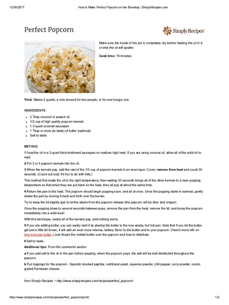 How To Make Perfect Popcorn On The Stovetop - SimplyRecipes | PDF