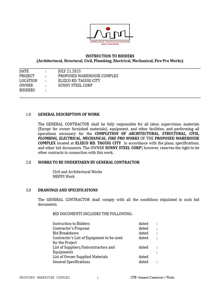 Instructions To Bidders | PDF | General Contractor | Insurance