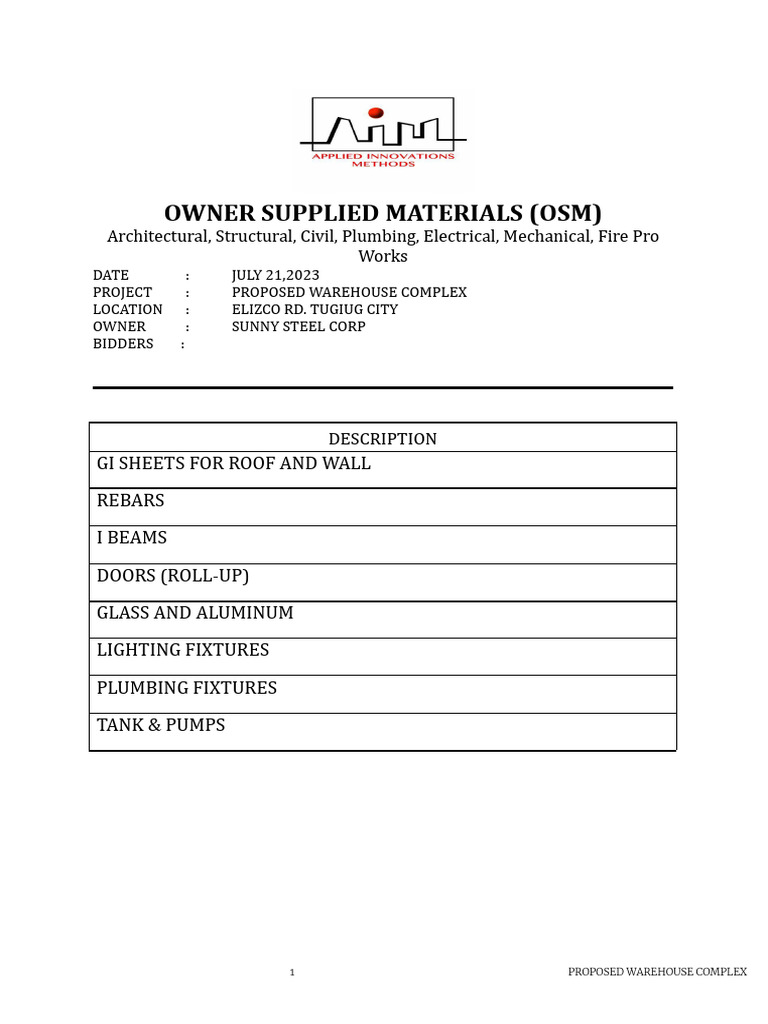 Owner Supplied Materials for Warehouse | PDF