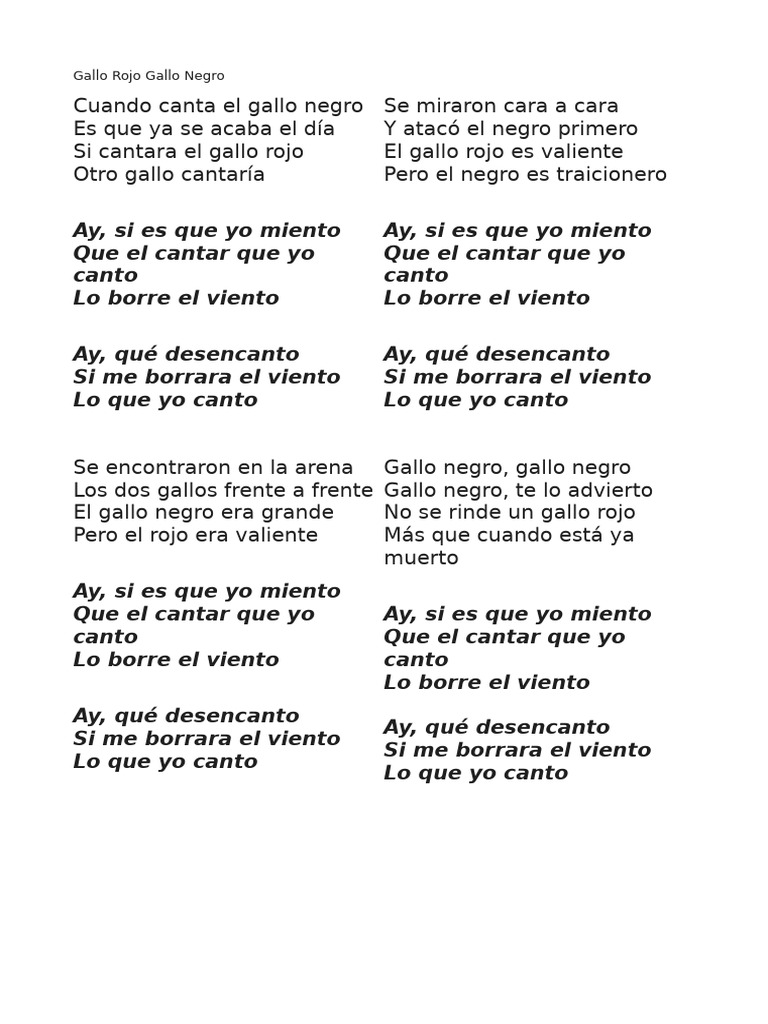 Gallo Rojo vs Gallo Negro: Letra y Acordes | PDF
