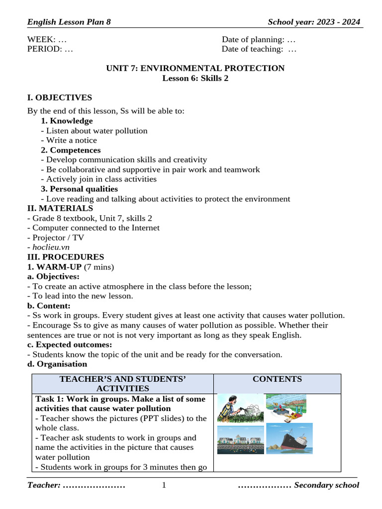 Grade 8 English Lesson on Water Pollution | PDF | Waste | Teachers