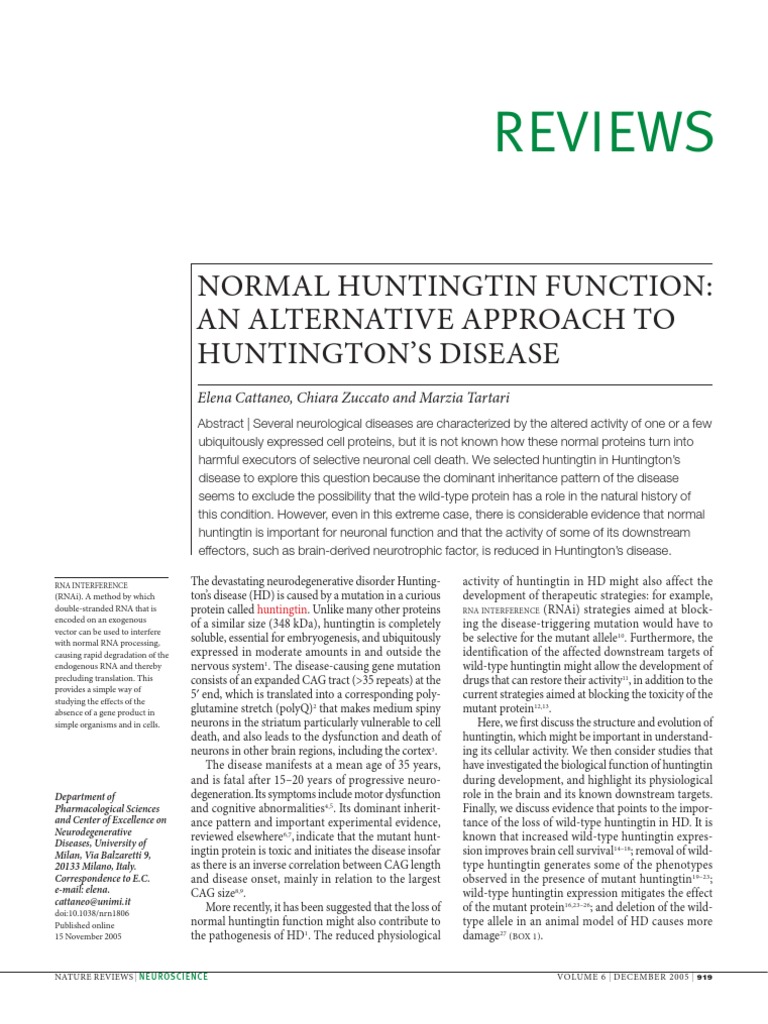 Reviews: Normal Huntingtin Function: An Alternative Approach To ...