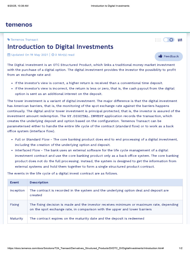 Digital Investments Overview in Temenos | PDF | Option (Finance ...