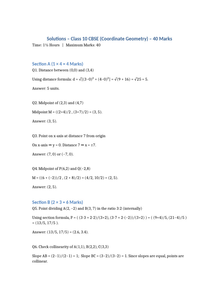 Coordinate Geometry Solutions for Class 10 | PDF | Rectangle | Area