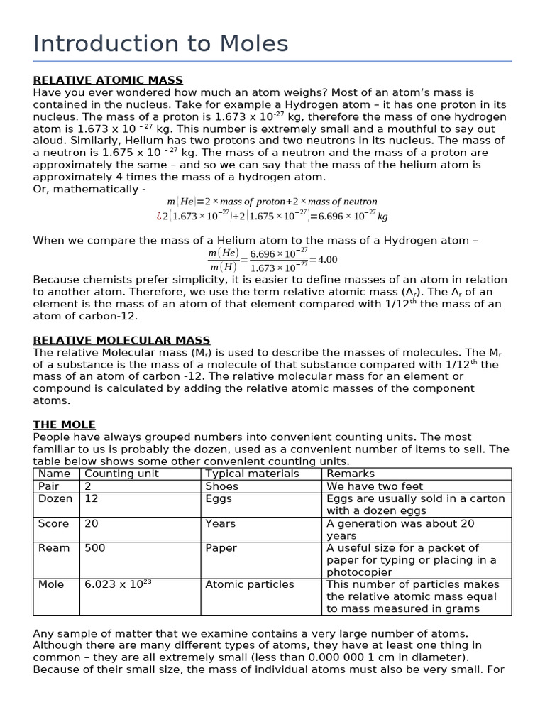 Intro To Moles | PDF | Mole (Unit) | Atoms