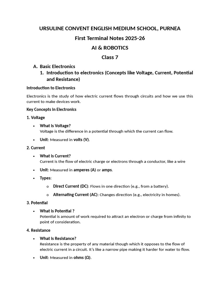 Class 7 Electronics: AI & Robotics Notes | PDF | Electric Current ...