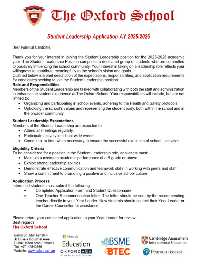 Student Leadership Application 2025-2026 | PDF | Leadership | Social ...