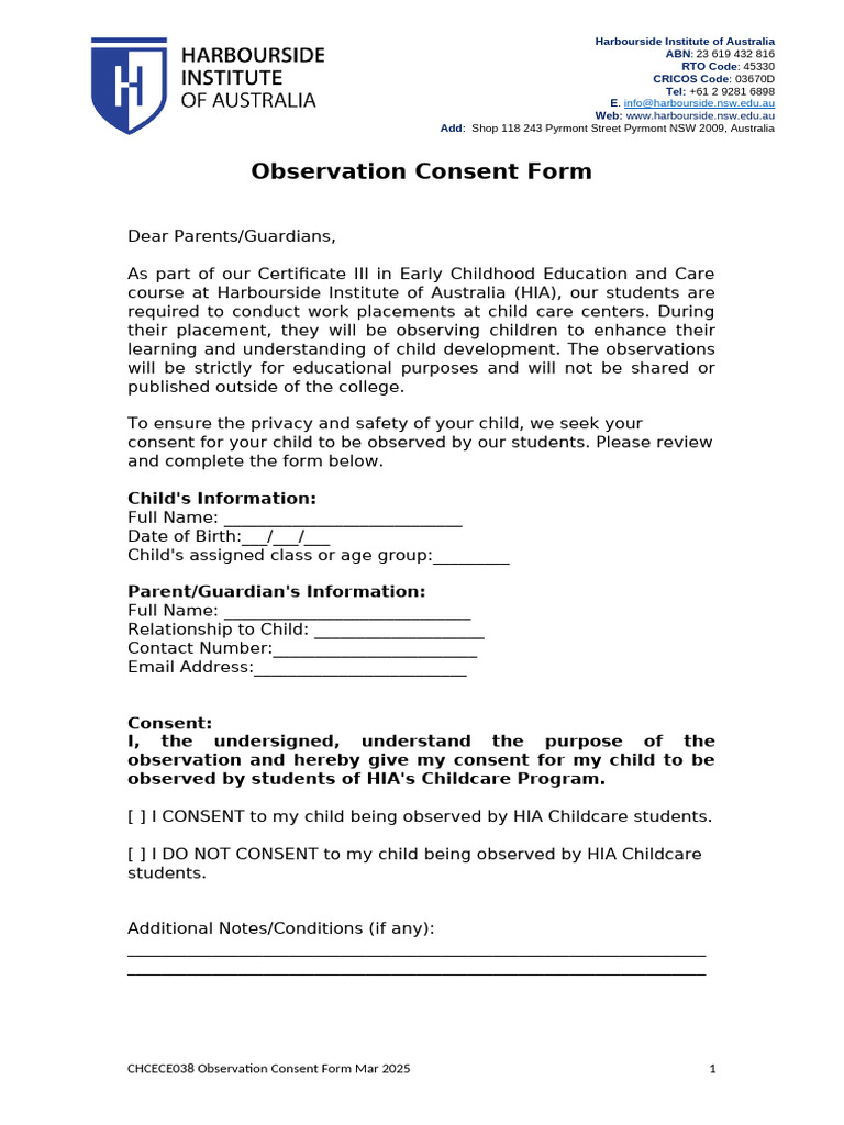 Observation Consent Form - Mar 2025 | PDF | Child Care | Living ...