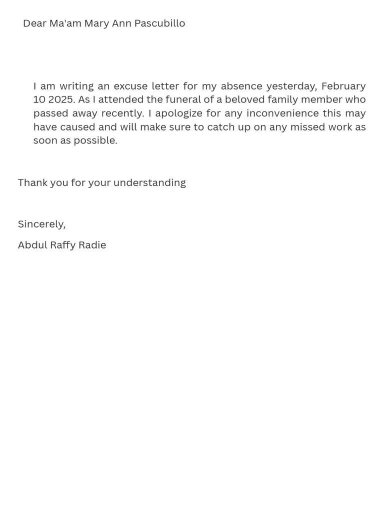 Absence Excuse Letter for Funeral | PDF