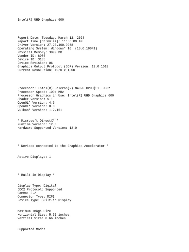 Intel UHD Graphics 600 Specs Report | PDF