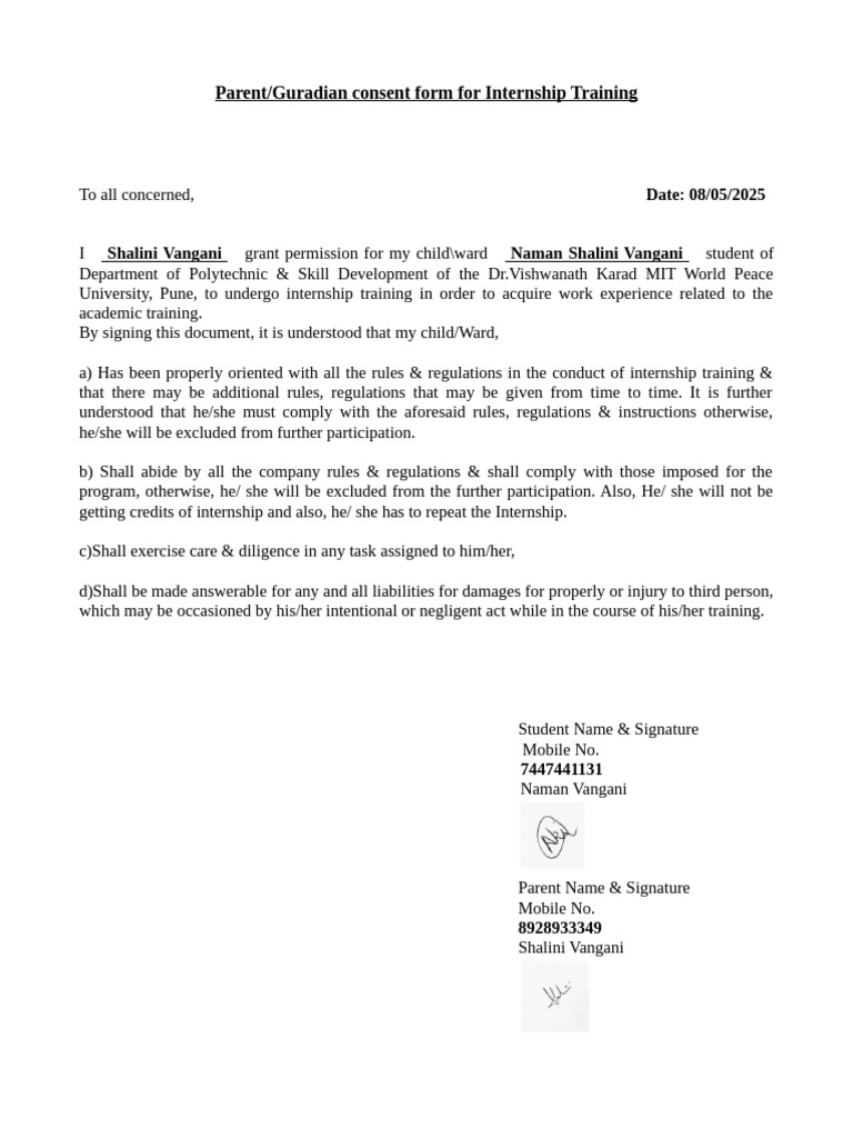 Internship Consent Form for Parents | PDF
