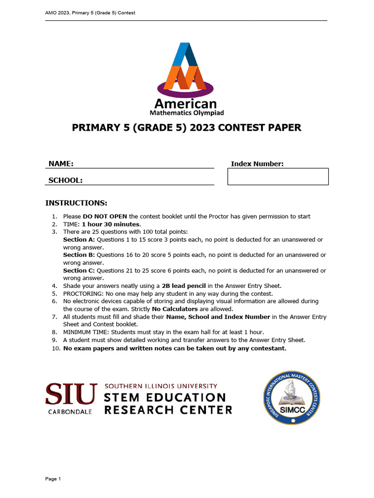 AMO Grade 5 Contest Paper 2023 | PDF