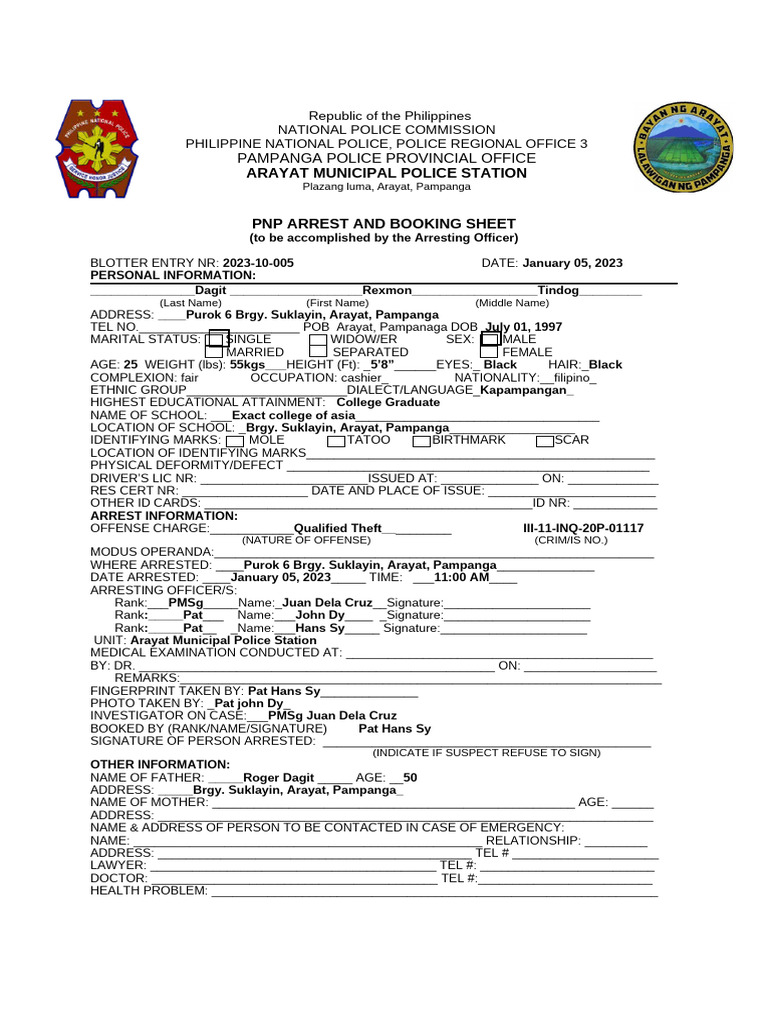 PNP Arrest and Booking Sheet Example | PDF | Crimes | Crime & Violence
