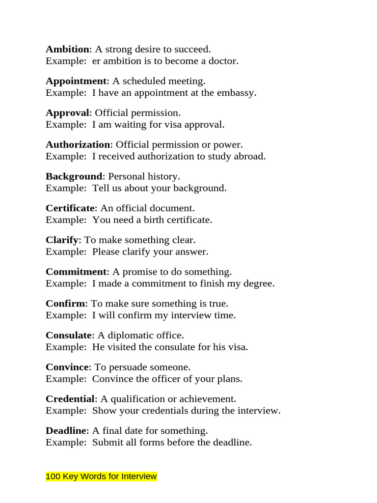 100 Essential Interview Vocabulary Terms | PDF | Travel Visa | Passport